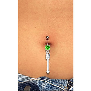Light Green CZ Crystal Gemstone Stylish Plain Arrow Dangling 925 Sterling Silver Belly Ring Body Jewelry
