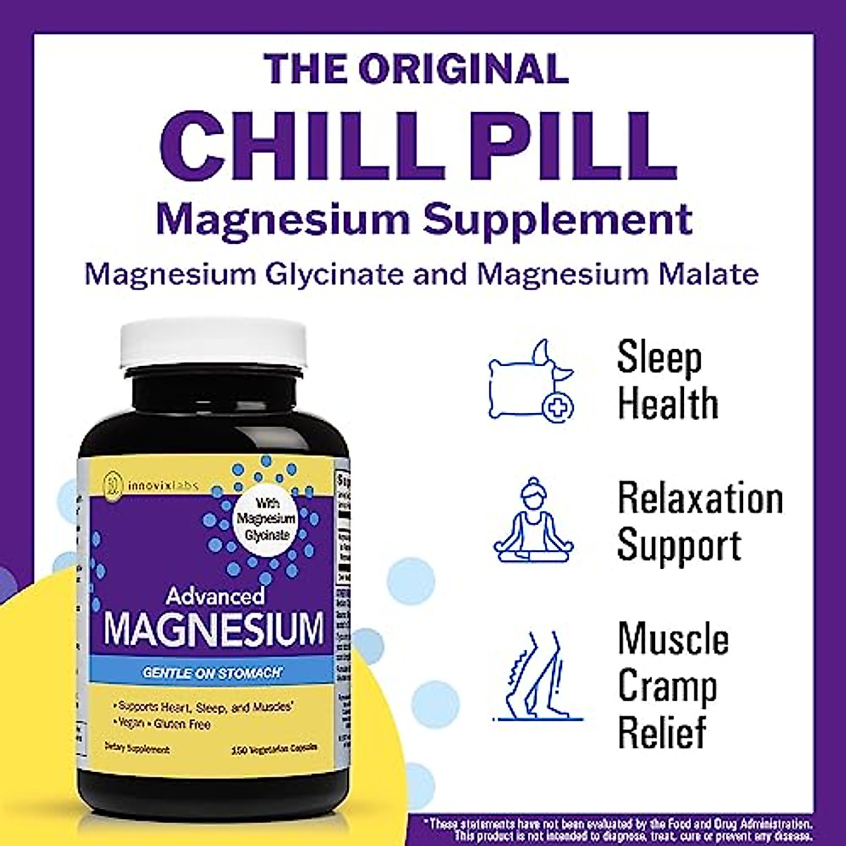 InnovixLabs Advanced Magnesium, High Absorption Magnesium Glycinate & Magnesium Malate, Highly Bioavailable Chelated Magnesium, 210 mg per Serving, Soy & Gluten-Free, Non-GMO & Vegan, 150 Capsules