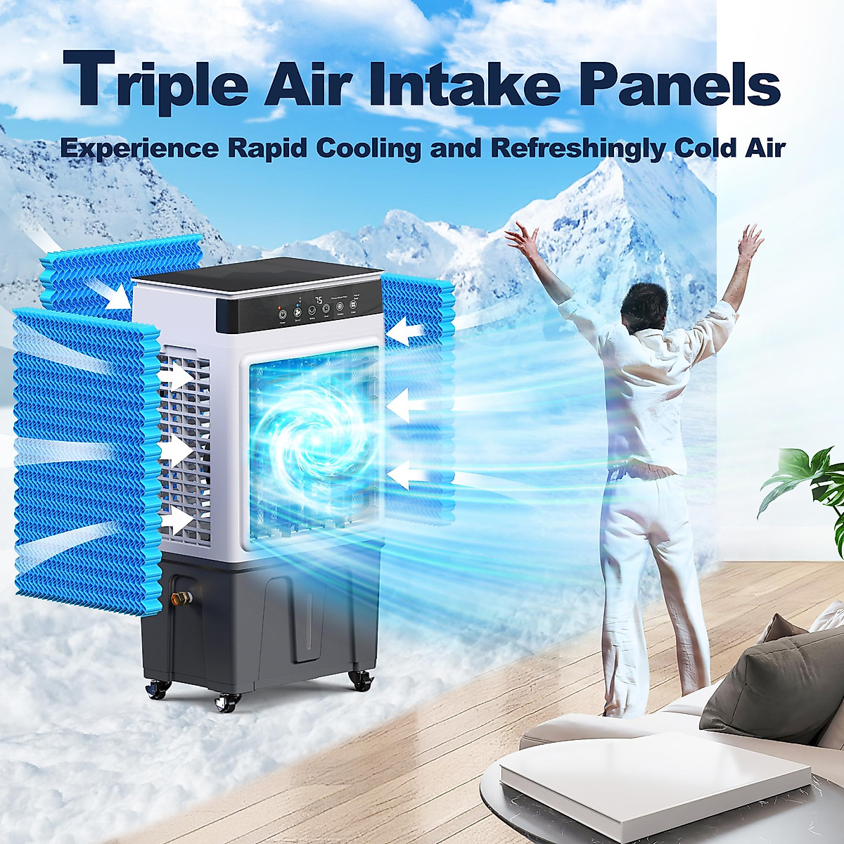 Swamp Cooler, 3800 CFM 3-in-1 Evaporative Air Cooler with 7.6 Gal Water Tank, 120° Oscillation, 3 Speeds 3 Modes, 12 H Timer, Remote, 4 Ice Packs, Portable Air Conditioner for Indoor＆Outdoor