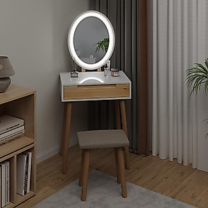 ARTETHYS Small Makeup Vanity Desk with 3 Adjustable Lighted Mirror and Chair, 24 Inch Makeup Vanity Table with Big Drawer Wooden Frame for Small Space