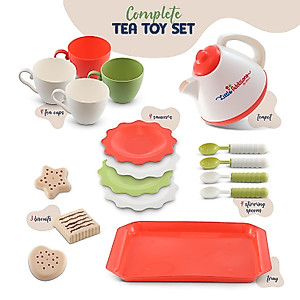 Little Additions Tea Party Set for Little Girls, Plastic Tea Set for Little Girls and Boys, 17 Pieces Kids Tea Set, Tea Set for Toddlers with Carrying Case, Pretend Play Toddler Tea Set 3-6 Years Old
