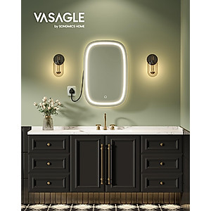 VASAGLE Medicine Cabinet with Mirror and Lights, Wall-Mounted Bathroom Wall Cabinet with Charging Station, 2 AC Outlets, 2 USB-A Ports, Rounded Rectangle, Adjustable Shelf, Black UBBK127B02