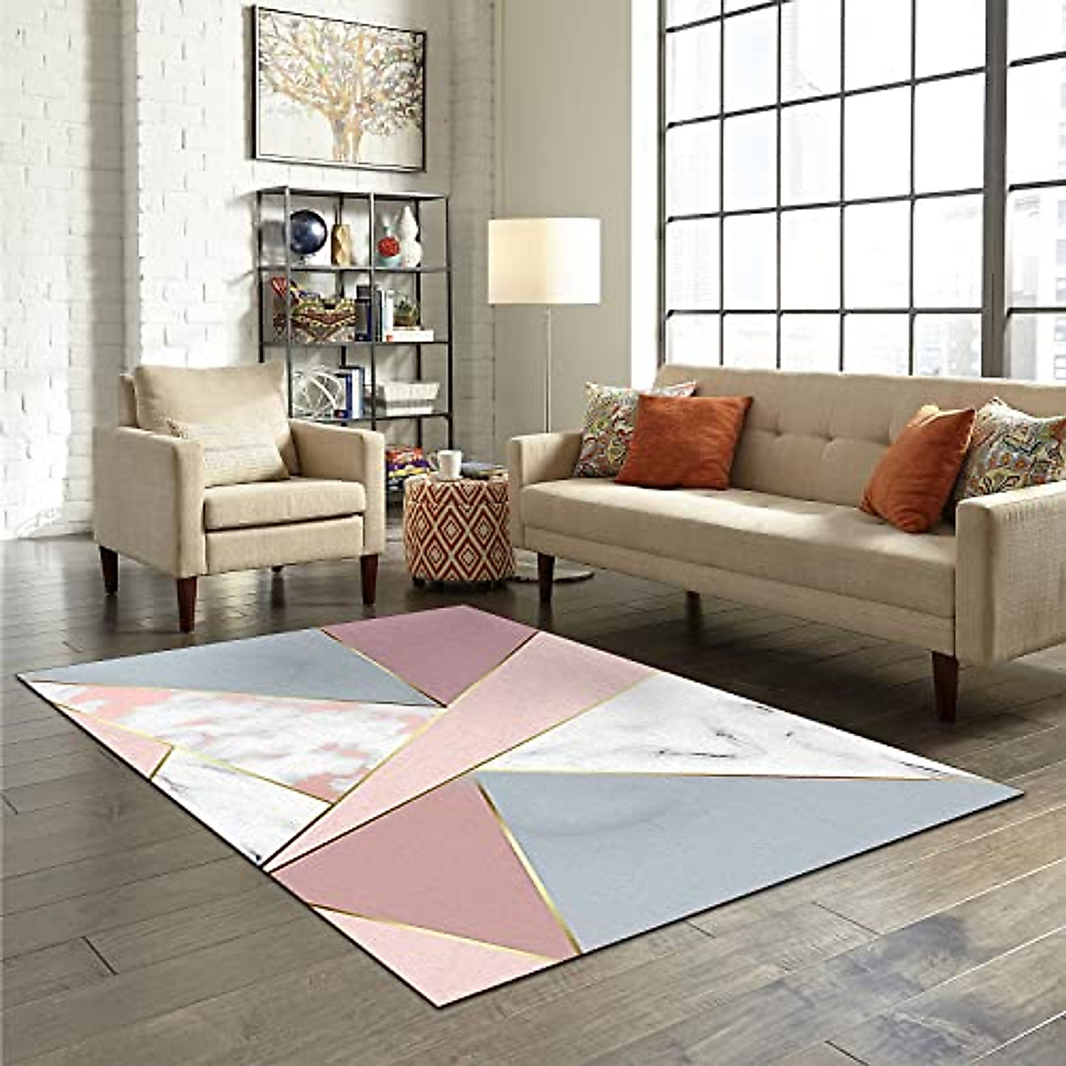 Pink White Grey Marble Texture Area Rug, Gradient Abstract Minimalist Decorative Carpet, Washable Portable Breathable Soft Comfortable for Bedroom Living Room Study Game Room6x8ft