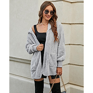 LookbookStore Women 2024 Winter Coats for Women Teddy Jackets Cozy Sweater Fluffy Jackets Women Fuzzy Oversized Cardigan Hooded Coatigan Light Grey Hooded Cardigan Trendy Bed Jacket Size L Size 12 14