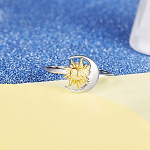 ZGBY Sun and Moon Ring 925 Sterling Silver Crescent Moon Sun Rings for Women Teens Lovers jewelry gifts (sun moon ring, 10)