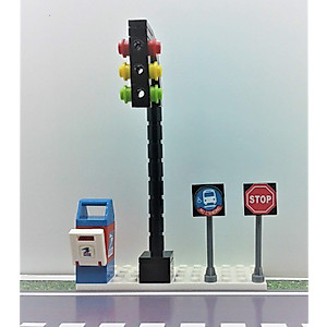 Building Bricks Toys City Town Village Street Main Road Arch Traffic Light, Stop Sign, Bus Stop, Post Box, Road Sign, 4 PCS Playset. for Kids 4+ Plastic