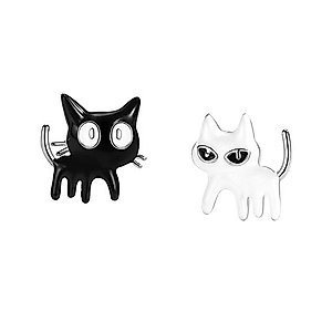 Asymmetrical Black White Cat Earrings for Women Girls 925 Sterling Silver Enamel Cats Kitten Cute Animal Small Studs Earring Hypoallergenic Lovely Jewelry Gift for Pet Lover
