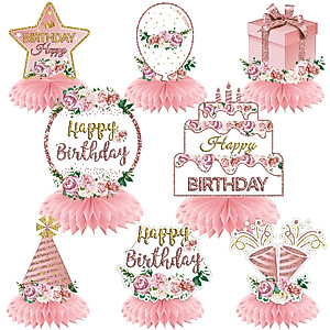 Aodocuto Pink Rose Gold Birthday Decorations Floral Honeycomb Centerpieces for Women Girls, 8pcs Floral Birthday Table Centerpieces Party Supplies, 16th 18th 21th 30th 40th 50th 60th Bday Table Topper