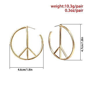 Peace Sign Symbol Geometric Stud Earrings Jewelry Minimalist Big Round Hoop Statement Earrings for Women (Gold)