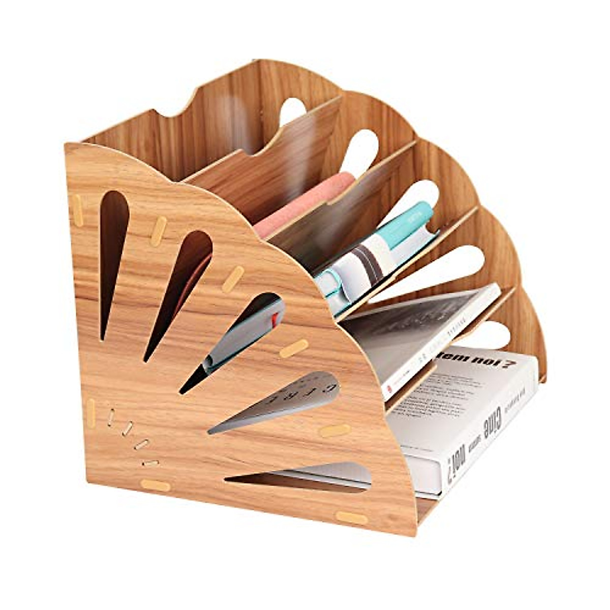 File Folder Holder Wood Organizer 5 Compartment, File Sorter Wood Buckle Design Desktop Fan-Shaped Mail Letter Document Magazine File Assembly Divider DIY Office Tabletop Storage Box (Brown)