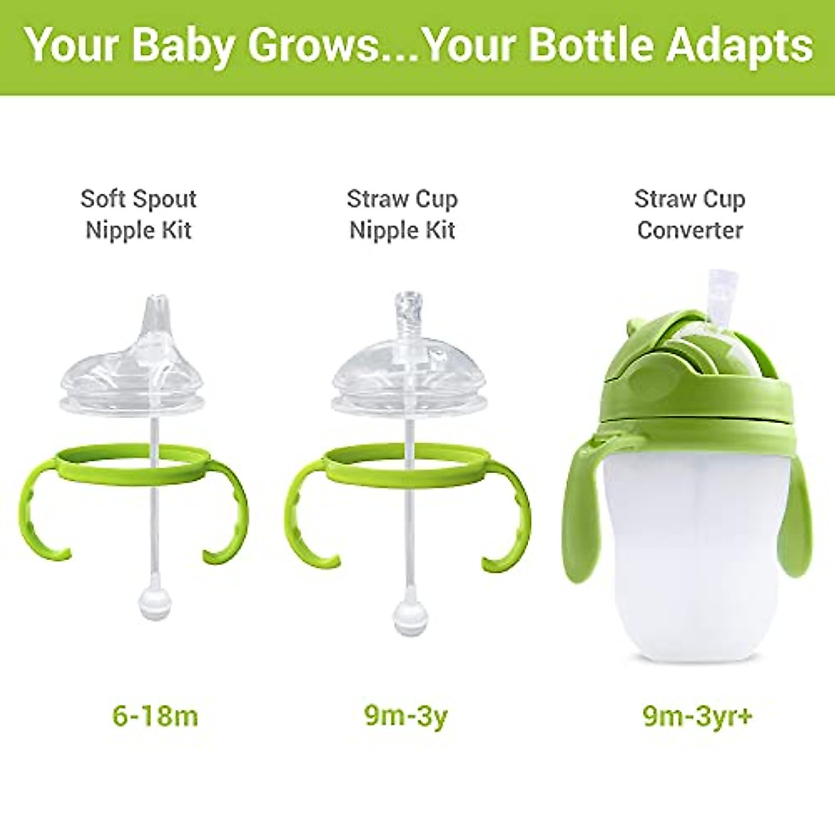 3-in-1 Straw Sippy Cup Conversion Kit for Comotomo Baby Bottle, 5 Ounce and 8 Ounce (Weighted Straw, Green)