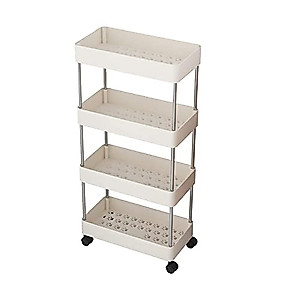 UDEAR Slim Storage Cart,4-Tier Mobile Shelving Unit Rolling Utility Cart for Bathroom, Office,Laundry Room,Kitchen, Narrow Place,White