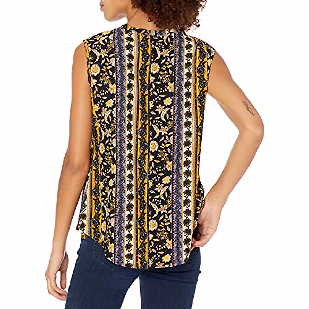 Star Vixen Women's Sleeveless Babydoll Top with V Neck, Black Mustard Wallpaper, S