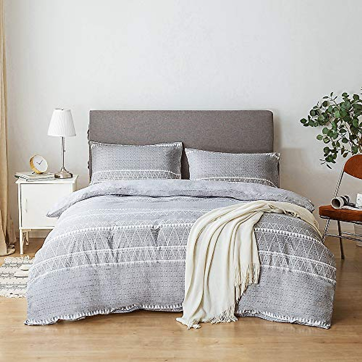 Lekesky Grey Duvet Cover Queen Size Boho Comforter Cover Queen 3pcs Ultra Soft Microfiber Breathable Bedding Duvet Cover Set with Zipper Ties (1 Duvet Cover 90x90 +2 Pillow Cases, No Comforter)