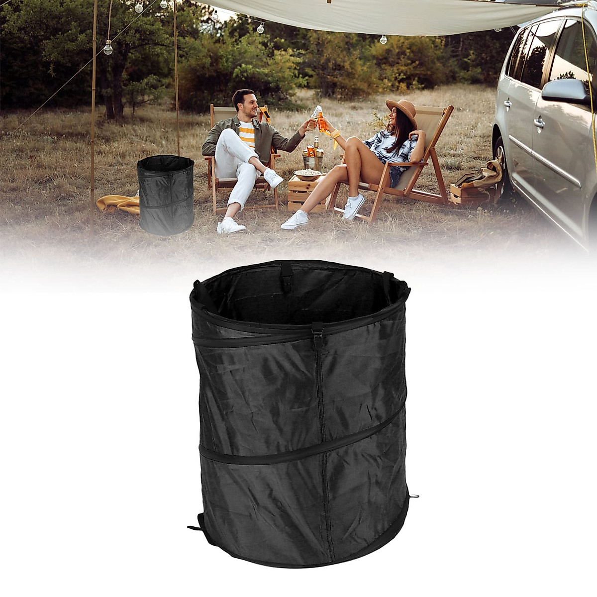 Trash Can, 24 Gallon Reusable Outdoor Portable Up Trash Can Camping Trash Can, Locking Design Foldable Waterproof Garbage Can for Parties Camping Recycling (Black)