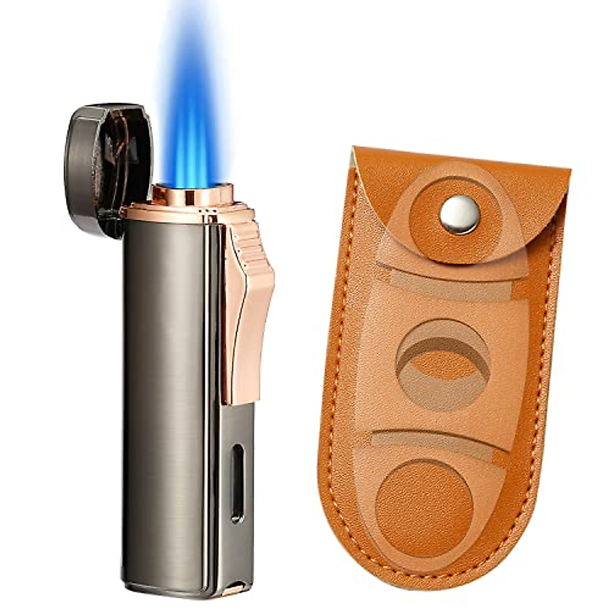 Futlidys Butane Lighter, Cutter and Lighter Gift Set, Triple Jet Flame Windproof Lighter with Punch, Refillable Lighter with Visible Gas Window, Gifts for Men, Grey(Sold Without Gas)