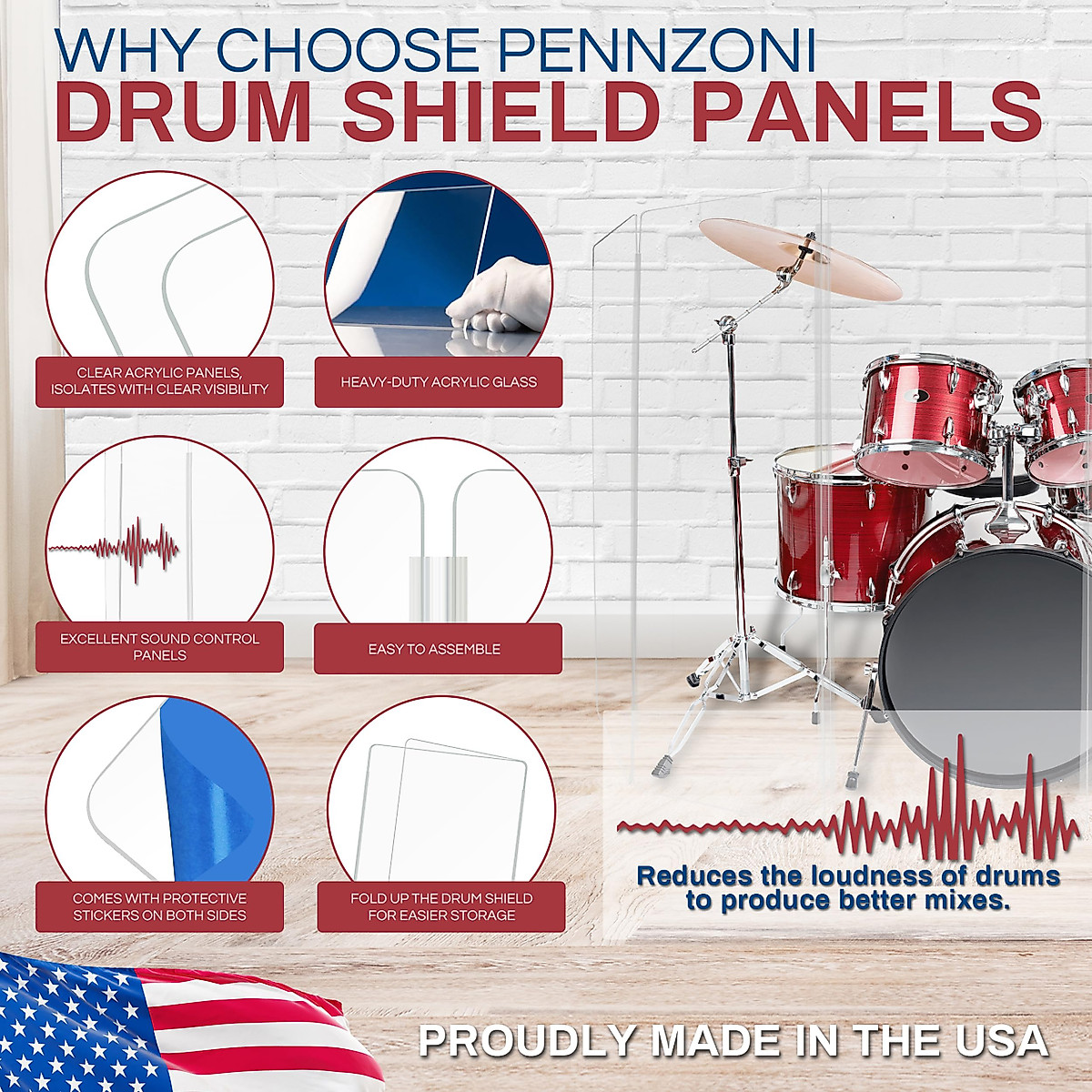 PENNZONI Drum Shield 5ft w/Living Hinges, Comes w/ 5 Drum Panels & Living Hinges, Premium Clear Acrylic Panels, Drum Screen