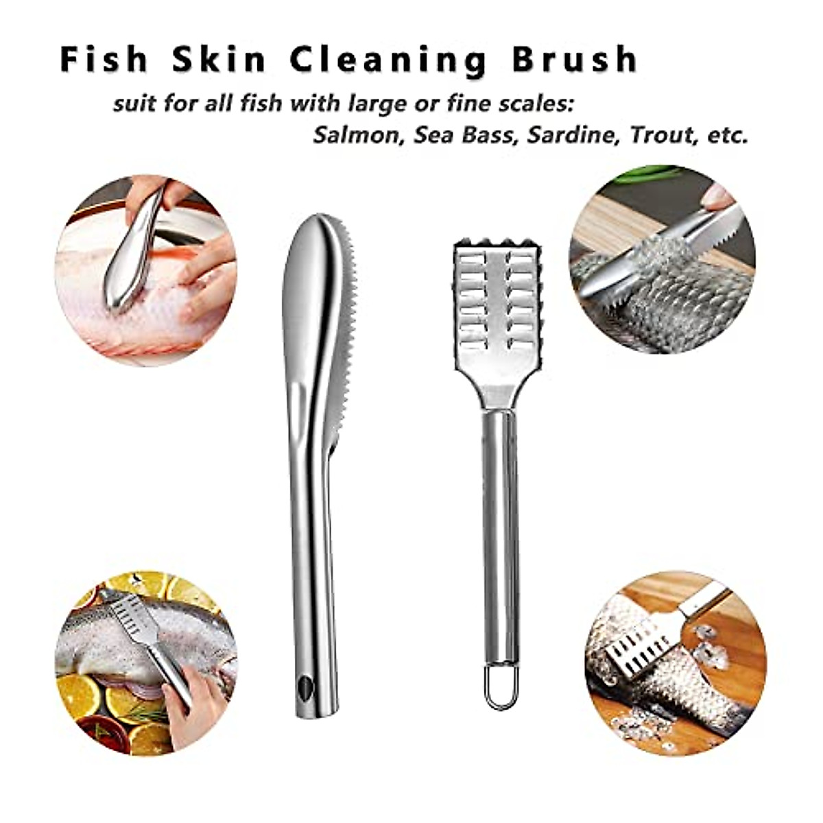 Hennyuu Fish Skin Cleaning Brush, Fish Scaler Remover, Fish Descaler Tool, Stainless Steel Fish Skin Peeler Tool, 2 Pieces (Silver)