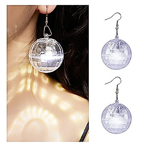 Blinking Disco Earrings Disco Ball Earrings for Women, Led Light Projecting Disco Ball Light Up Earrings for Women, Led Earrings, 60s or 70s Costume Accessories for Halloween Party Dance Party (1Pair)