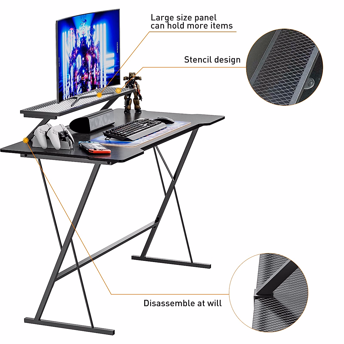 Bizzoelife Gaming Desk Home Office Table: 47Inch Z Shaped Home Office PC Computer Table, Gamer Workstation with Monitor Stand, Racing Style Game Tables with Cable Management Holes