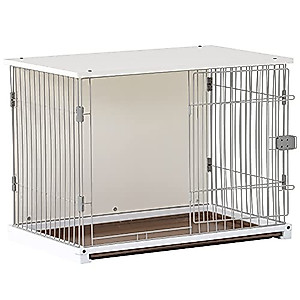 EMKK 34" Wooden Structure White Dog Cage Crate, End Table with Movable Salver, Dog House Cage Indoor Use, with Wide Table Top,Dog Crates for Large Dog Mental Wire Crates Dog Kennels Pet Dog Cage Crate