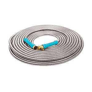 Aqua Joe AJSGH75-MAX Heavy-Duty Puncture Proof Kink-Free Garden Hose, 75-Foot, 1/2-Inch, w/Brass Fitting & On/Off Valve, Spiral Constructed 304-Stainless Steel Metal