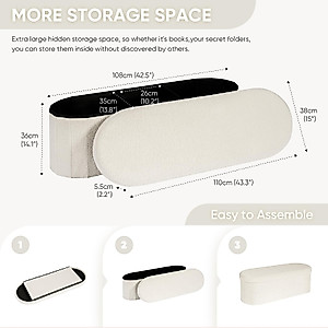 B FSOBEIIALEO Ottoman with Storage for Living Room, Sherpa Folding Storage Ottoman Foot Rest, 43.3 Inches Collapsible Bedroom Bench White