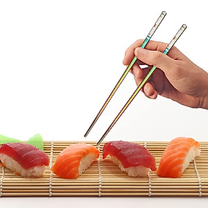 Hvanam 5 PaIrs Color 316 Stainless Steel 18/10 Reusable Chopsticks Set With Case Rainbow Multicolor Non-Slip Chopsticks Black Purple Gold Colored Blue For Dining Sushi Noodle Hot Pot,Dishwasher Safe