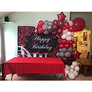 Avezano Happy Birthday Rose Flower Backdrop Red and Black Stripe 7x5ft Birthday Party Decoration Pearl Red Floral Dessert Table Banner