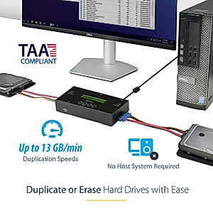 StarTech.com 1:1 Standalone Hard Drive Duplicator and Eraser, SAS/SATA HDD/SSD Cloner/Copier, Hard Drive Duplicator/Sanitizer, Harddisk/Harddrive Wiper, LCD, Toolless, TAA Compliant (SATSASDUPE11)