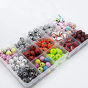 15 Styles Sports Beads Football Baseball Basketball Tennis Volleyball Soccer with 1 Roll of Elastic Rope and a Plastic Box for DIY Bracelet Necklace Making