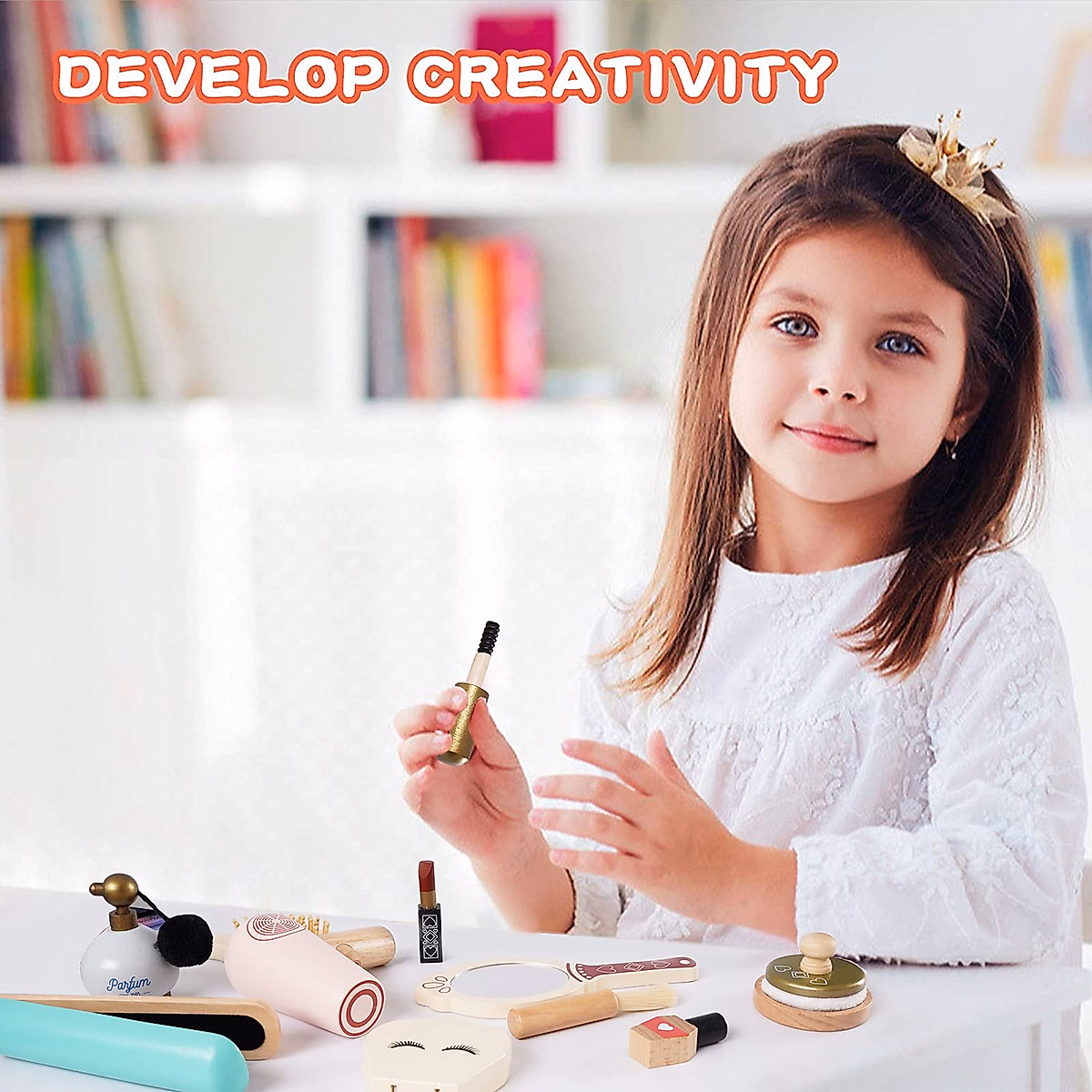 XAOHAO Pretend Play,Wooden Beauty Salon Toys for Girls, Make Up Set Toy Gift,15 Pieces Makeup Play Set with Makeup,Perfume,Lipstick,Mirror, Hair Dryer,Mascara, Cosmetics Case and Storage Bag