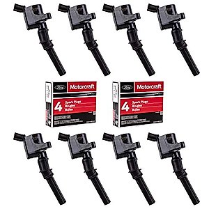 MAS Ignition Coil DG508 & Motorcraft Spark Plug SP479 compatible with Ford 4.6L 5.4L V8 DG457 DG472 DG491 CROWN VICTORIA EXPEDITION F-150 F-250 MUSTANG LINCOLN MERCURY EXPLORER (Set of 8)
