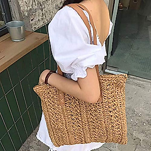 ZLM BAG US Women Straw Crochet Tote Bohemian Summer Beach Bag Large Handmade Shoulder Bag (Light Brown)