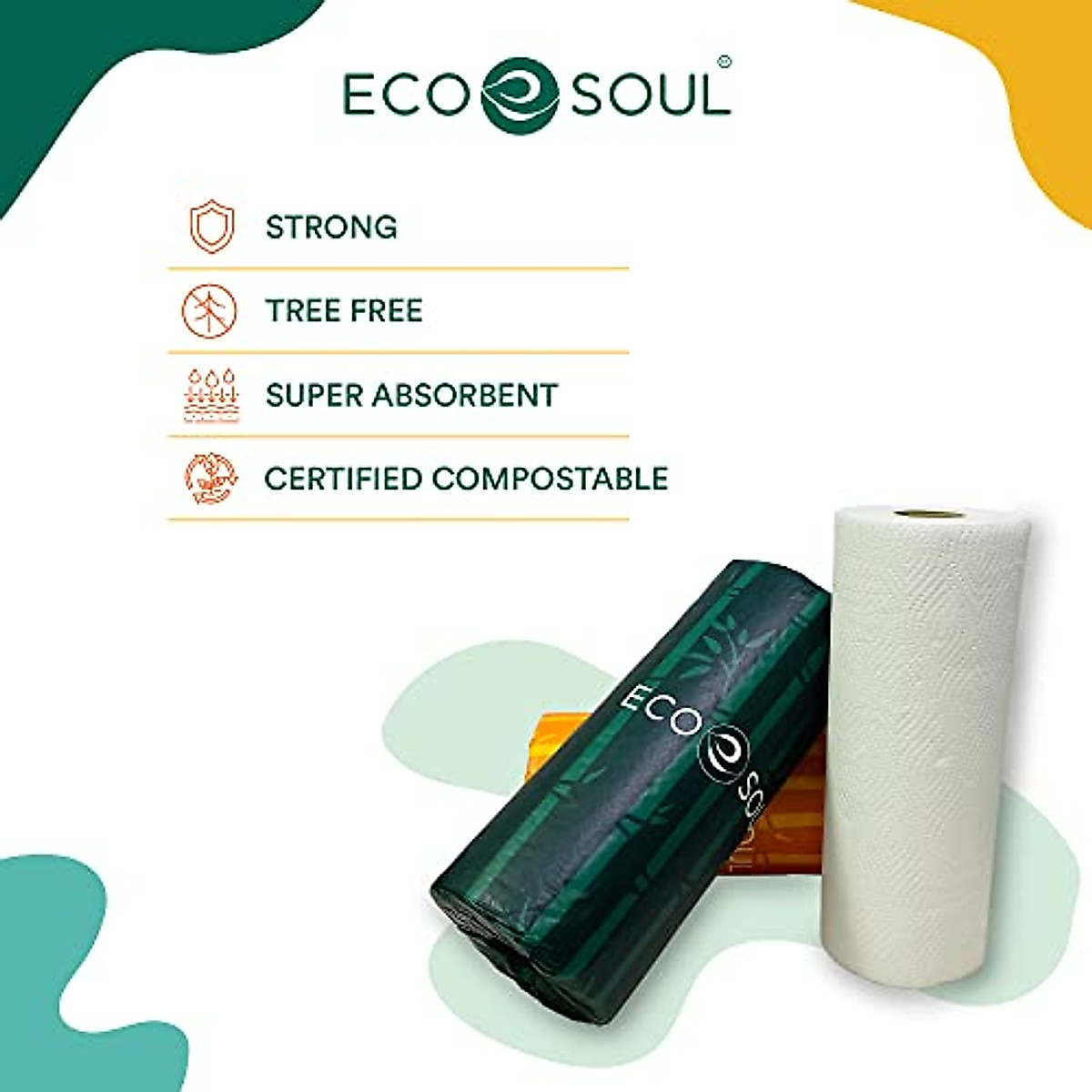 ECO SOUL 100% Bamboo Kitchen Paper Towel Set of 6 Rolls | 900 sheets, 150 sheets per roll | 2 Ply Ultra Absorbent, Eco-friendly, Sustainable, Soft Paper Towel, Food Safe