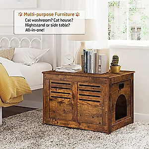 DINZI LVJ Litter Box Furniture, Flip Top Hidden Cat Washroom with Louvered Window, Entrance Can Be on Left/Right Side, Enclosed Cat Litter House Side Table for Most of Cat and Litter Box, Rustic Brown