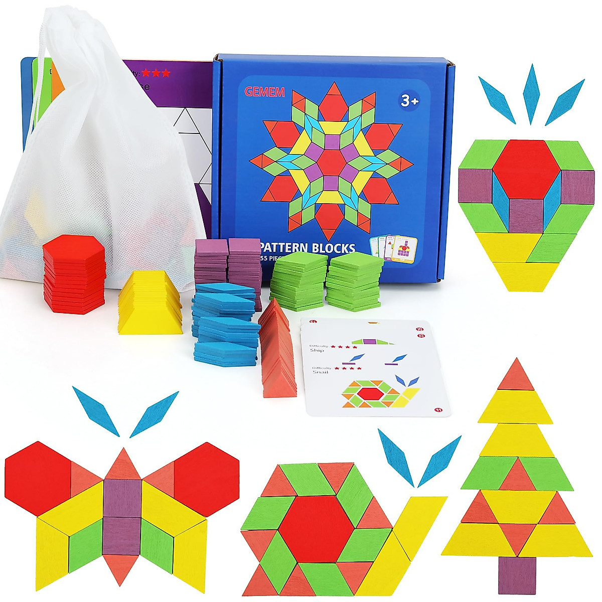GEMEM 155 Pcs Wooden Pattern Blocks Set Geometric Shape Puzzle Kindergarten Classic Educational Montessori Tangram Toys for Kids Ages 4-8 with 24 Pcs Design Cards