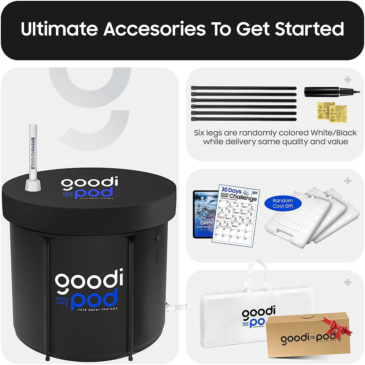 GOODI 110 Gallons Large Portable Ice Bath Tub for Adults/Athletes, Upgraded Cold Plunge Tub Outdoor/Indoor, Ice Plunge Tub/Cold Plunge Bath for Cold Water Therapy 85x75cm (Black)