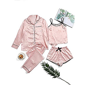 WDIRARA Women's Silk Satin Pajama Set 4 Pieces Sleepwear Loungewear Pj Sets Pink Striped L
