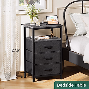 Huuger Nightstand with Charging Station, 27.6 Inch Side Table with Fabric Drawers, End Table Bedside Table with USB Ports and Outlets, Night Stand for Bedroom, Charcoal Gray