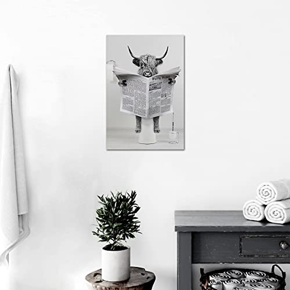 Highland Cow Wall Art Bathroom Decor Canvas Wall Art Framed Wall Decoration Funny cow picture Wall Decor Print cow Thinker On Toilet Picture Artwork For Walls Ready To Hang For bathroom Deco 16"x24"