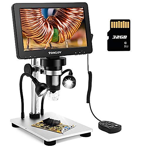 TOMLOV DM9 7" LCD Digital Microscope 1200X, 1080P Video Coin Microscope with Metal Stand, 12MP Ultra-Precise Focusing, LED Fill Lights, PC View, Windows/Mac OS Compatible, with SD Card, Model- DM9
