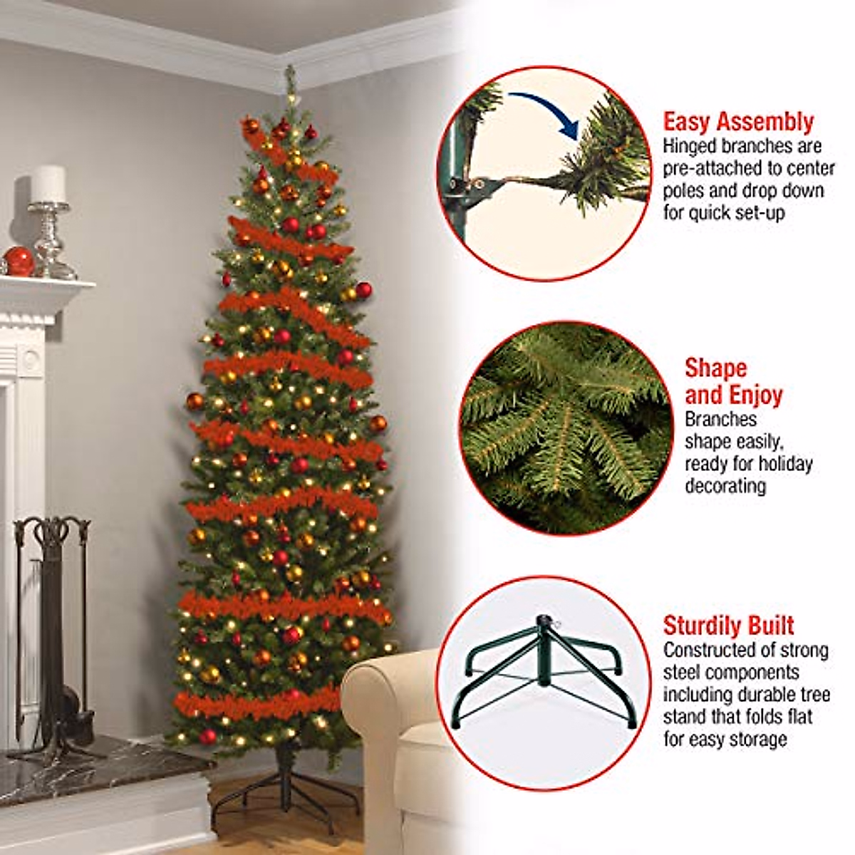 National Tree Company Artificial Pre-Lit Slim Christmas Tree, Green, Kingswood Fir, White Lights, Includes Stand, 6.5 Feet