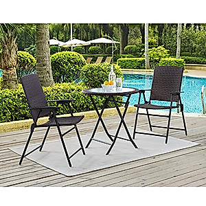 Patio Rattan Steel Folding Bistro Set, All Weather Resistant Wicker, 3 PCS Set of Foldable Garden Table with Top Glass and Chairs with Arms