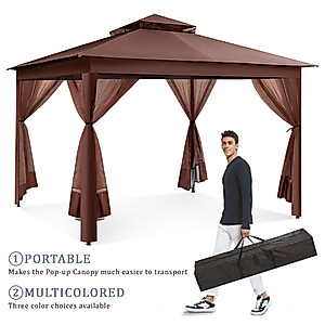 yoyomax 13X13 Outdoor Pop Up Gazebo with Netting, Portable Gazebo Waterproof Patio Canopy Shelter with Double Roof Tops and 169 Square Feet of Shade for Beach Parties, Camping and Picnics - Brown