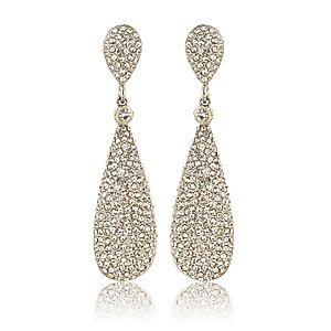 Moonstruck Costume Jewelry Diamond Studded Metal Drop and Dangle Crystal Teardrop Earrings for Women Wedding Party(Silver)