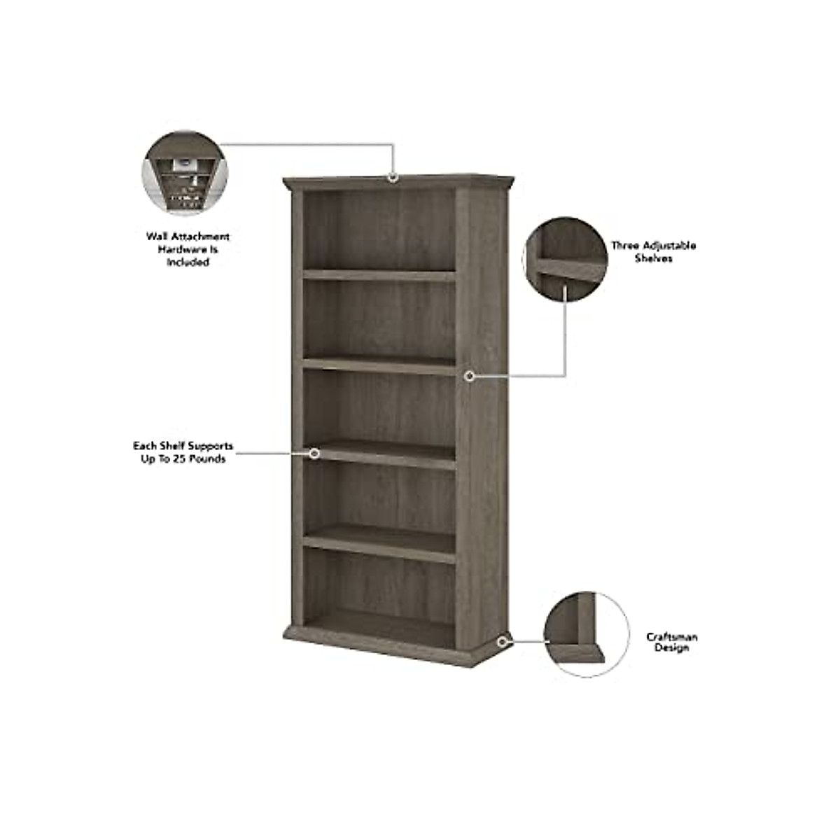 Bush Furniture Yorktown Home Office Desk with 5 Shelf Bookcase, 50W, Restored Gray