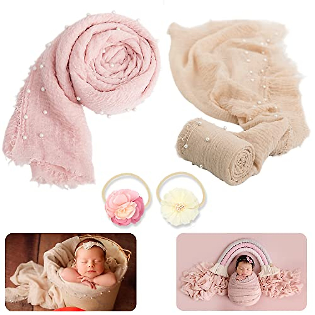 4 PCS Newborn Photography Props Wrap Knit Handmade Pearl Decor Wrap Blanket Swaddle Baby Photo Props Baby Photoshoot Props Prop 2PCS Newborn Photography Wraps + 2PCS Headband(Snow Powder/Beige)