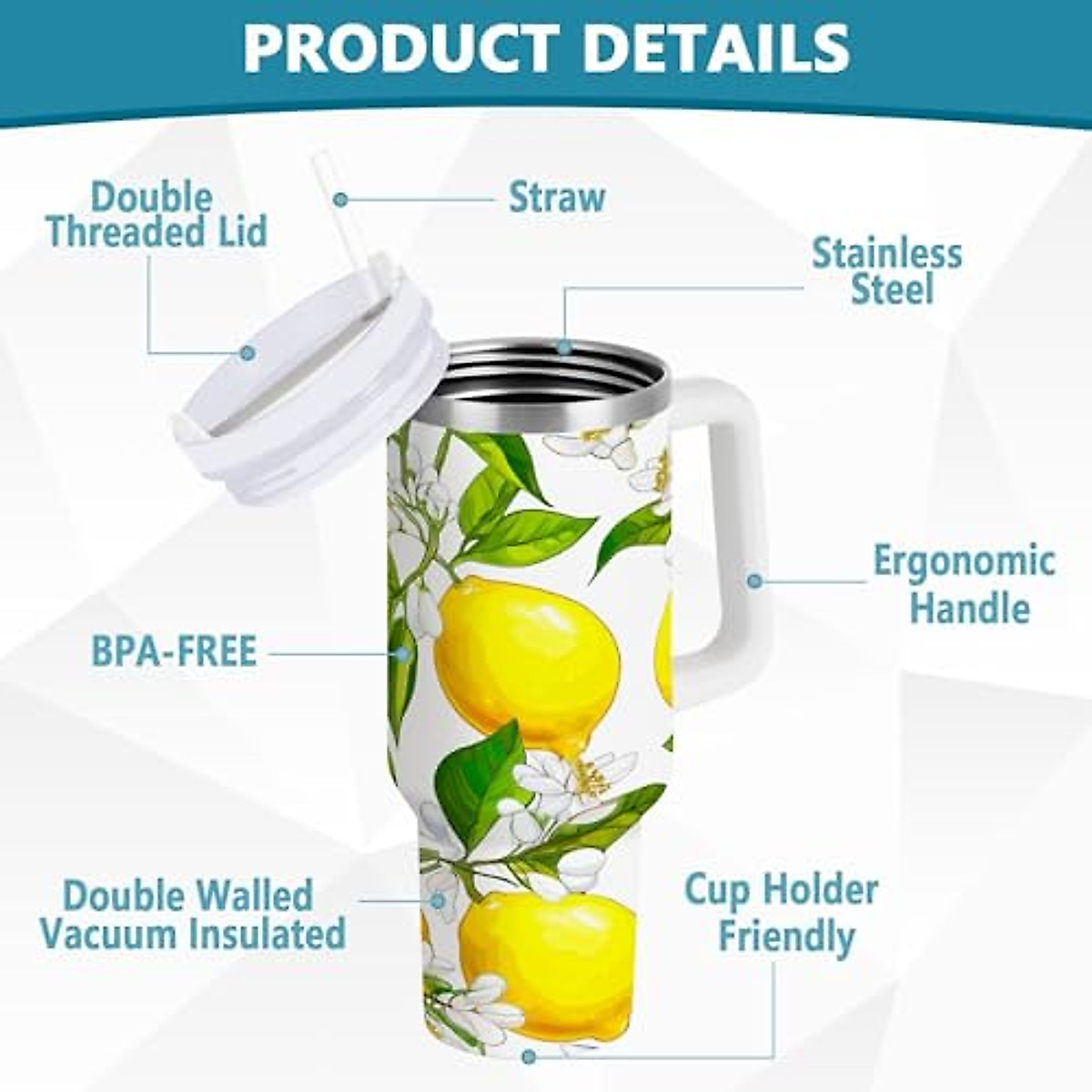 RPLIFE Bright Yellow Lemons White 40 Oz Tumbler, Stainless Steel Tumbler with Straw, Tumblers for Women