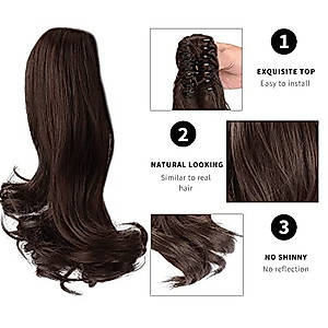 BARSDAR 10 Inch Claw Clip in Ponytail Hair Extensions Hair Piece Short Curly Synthetic for Girls Women (Darkest Brown mix Dark Auburn Evenly)